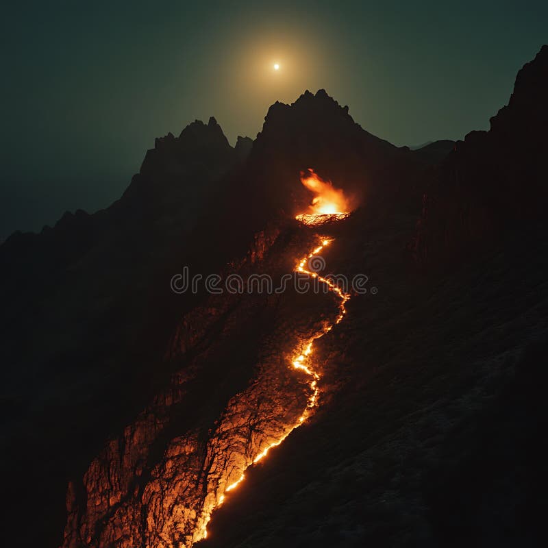 Erupting Volcano at Night with Full Moon Stock Illustration ...