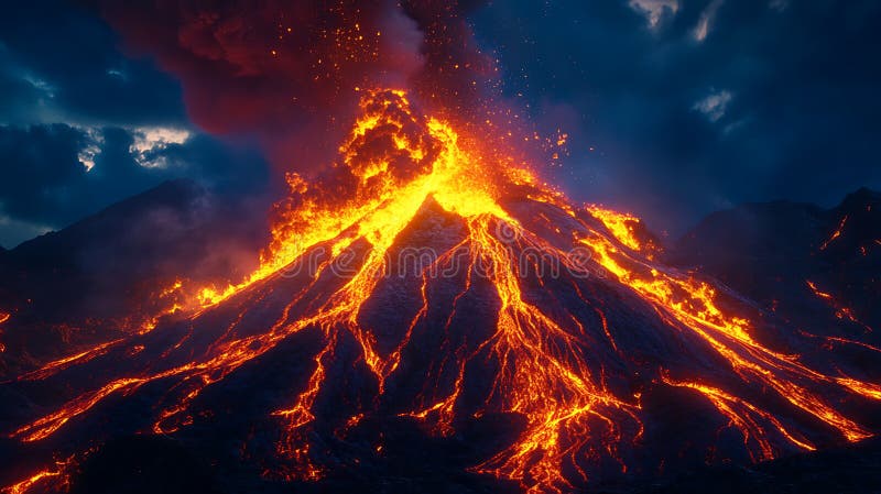 Erupting Volcano at Night for Geological Disaster Concepts Powerful ...
