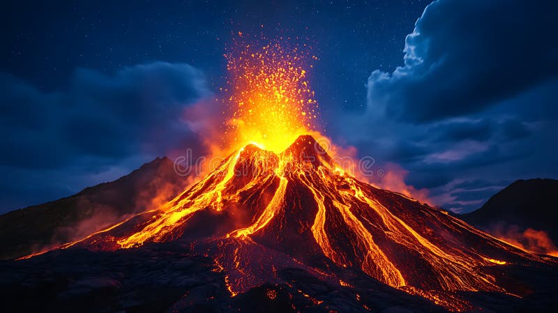 Erupting Volcano at Night for Geological Disaster Concepts Powerful ...