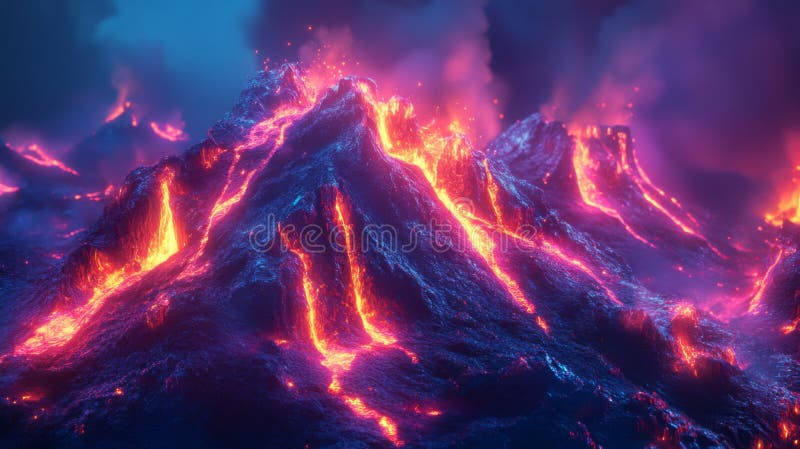Erupting Volcano at Night Glowing Lava Digital Art Stock Illustration ...