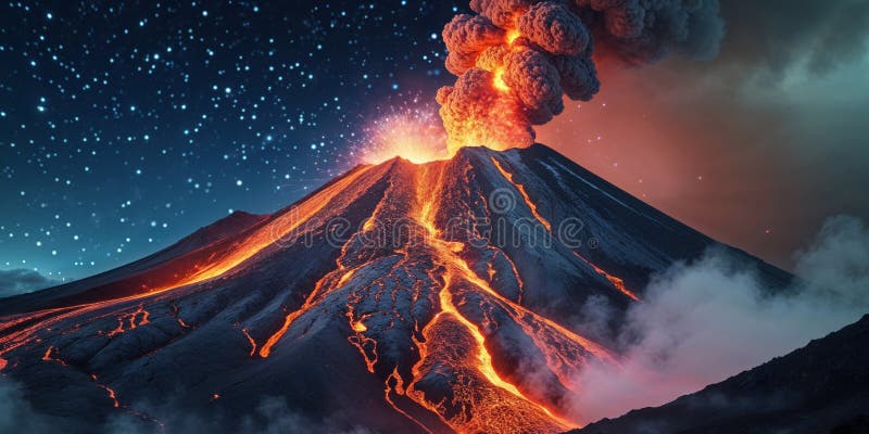 Erupting Volcano at Night with Lava Flow and Starry Sky. Stock Image ...