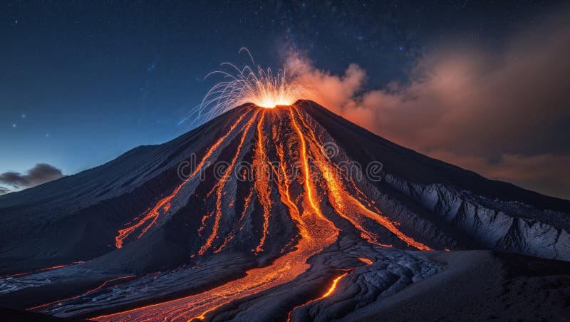 Erupting Volcano Night Lava Flow Starry Sky Background Stock Photos ...