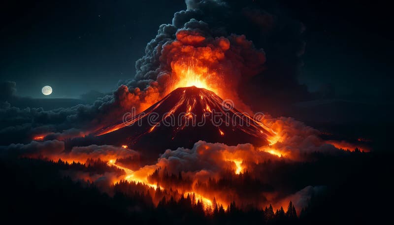 Erupting Volcano at Night with Lava Flows and Full Moon in Dramatic ...