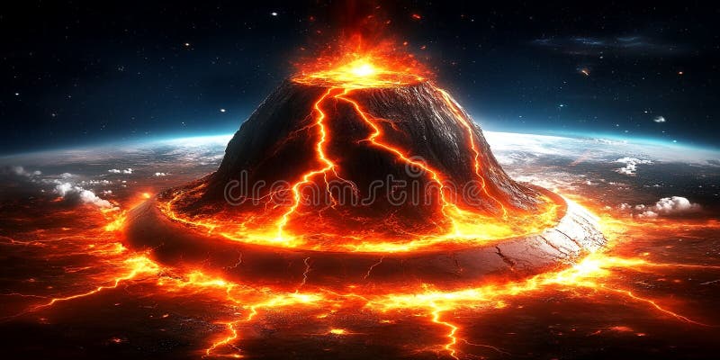 Erupting Volcano on Planet Surface Fiery Lava Flowing Dramatic Space ...