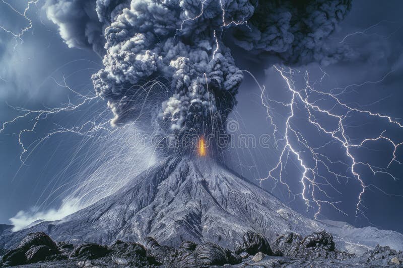 Erupting Volcano Sends Ash and Lightning into a Dark Sky during a ...