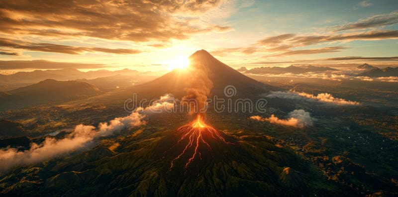 An Erupting Volcano with Smoke Clouds and Lava Flow Stock Image - Image ...