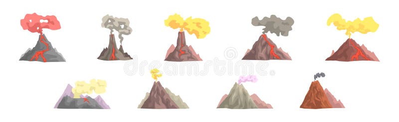 Erupting Volcano with Smoke at Top of Mountain Vector Set Stock ...