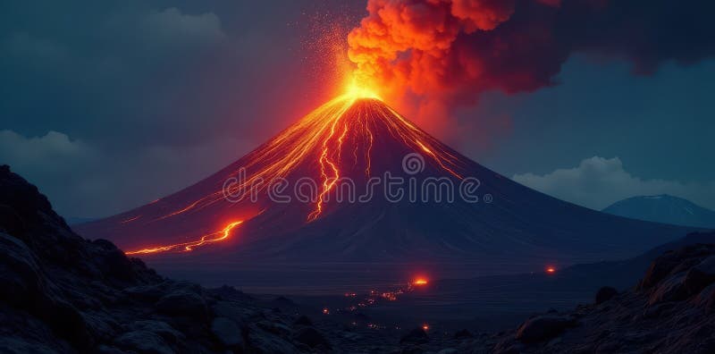 Erupting Volcano Spewing Glowing Lava, Dramatic Night Scene ...