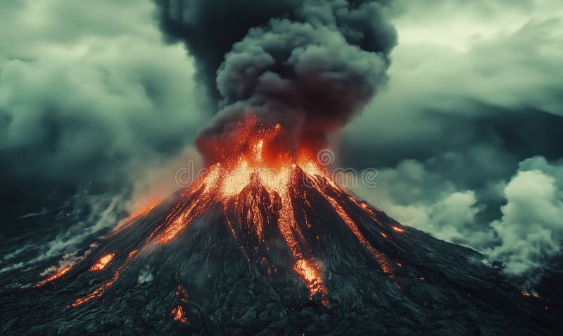Erupting Volcano Spewing Lava and Ash Clouds in Dramatic Landscape ...