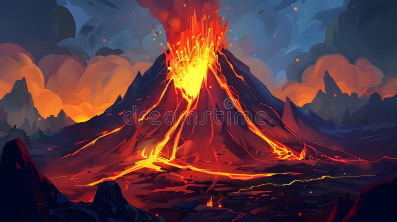 Erupting Volcano with Molten Lava and Fiery Landscape Stock Image ...