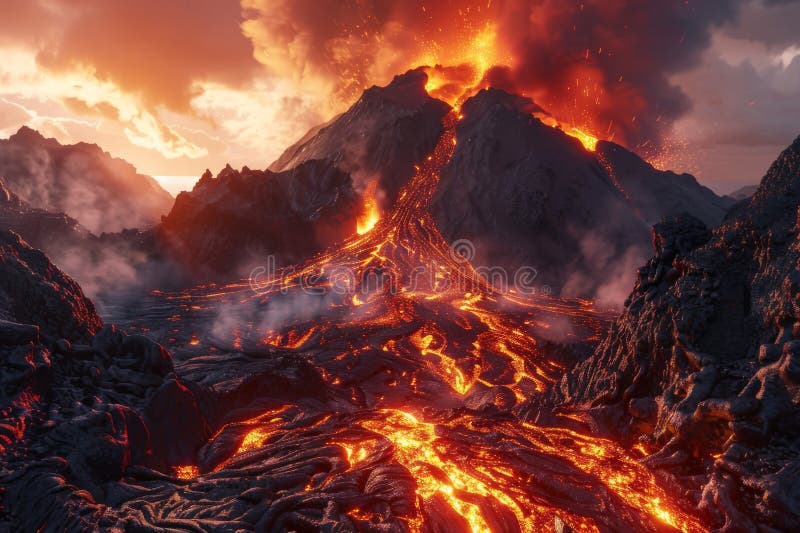 Erupting Volcano with Streams of Molten Lava Stock Photo - Image of ...