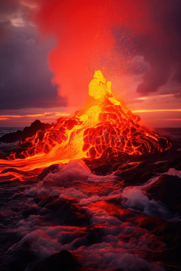Erupting Volcano at Sunset stock illustration. Illustration of waves ...