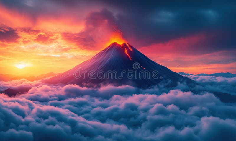 Erupting Volcano Sunset Dramatic Clouds Vibrant Colors Stock Photos ...