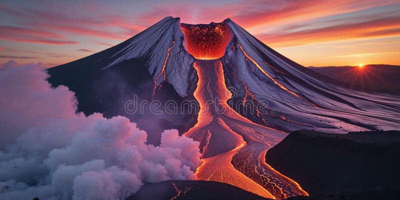 Erupting Volcano at Sunset with Dramatic Lava Flow and Colorful Sky ...
