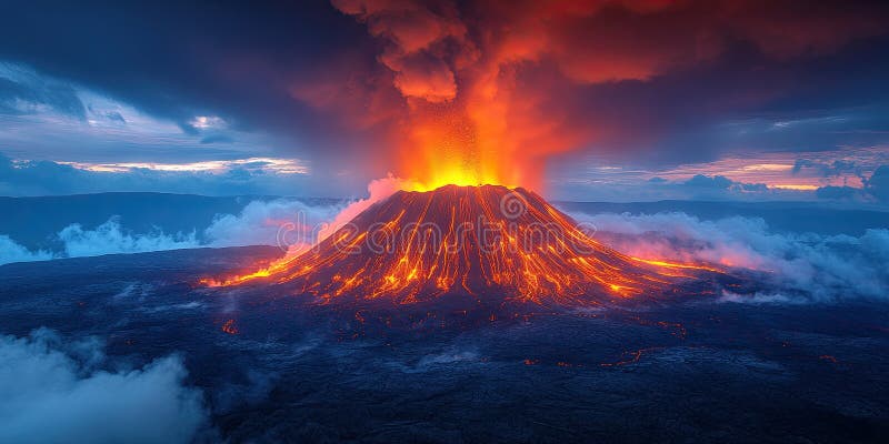 Erupting Volcano at Sunset with Flowing Lava and Dramatic Clouds Stock ...