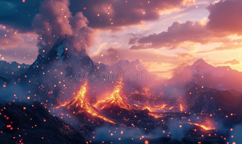 Erupting Volcano Sunset Lava Flows Ash Clouds Dramatic Landscape Stock ...