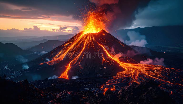 Erupting Volcano at Sunset, Volcanic Spark during Initial Eruption ...