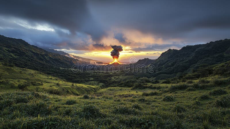 Erupting Volcano Surrounded by Lush Greenery Nature Landscape Distant ...