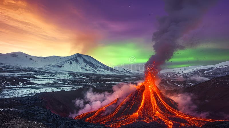 Erupting Volcano Under Northern Lights at Dusk Stock Image - Image of ...