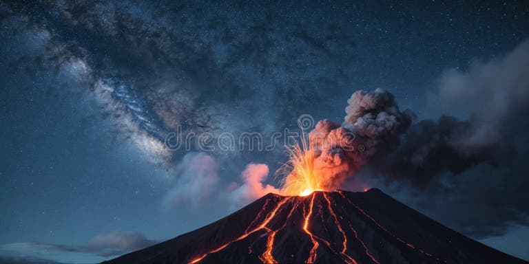 Erupting Volcano Under a Starry Night Sky. Stock Image - Image of ...