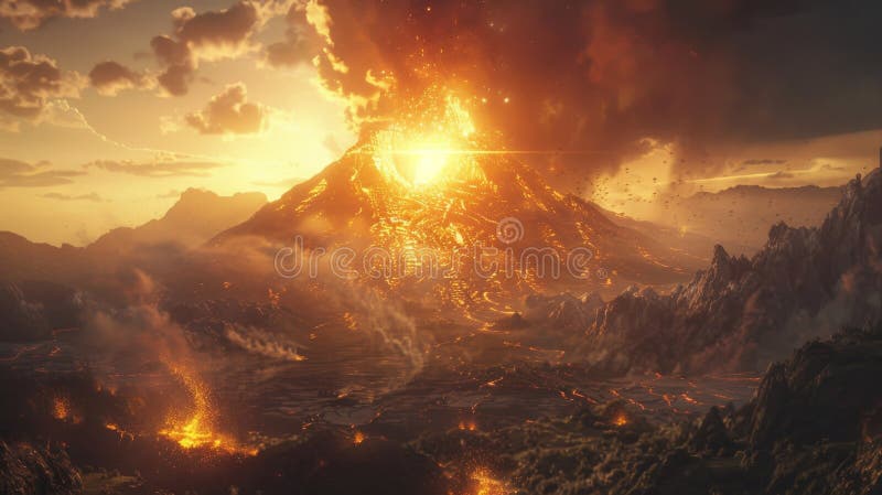 Erupting Volcano Unleashes Lava and Ash Against a Dramatic Sunset ...