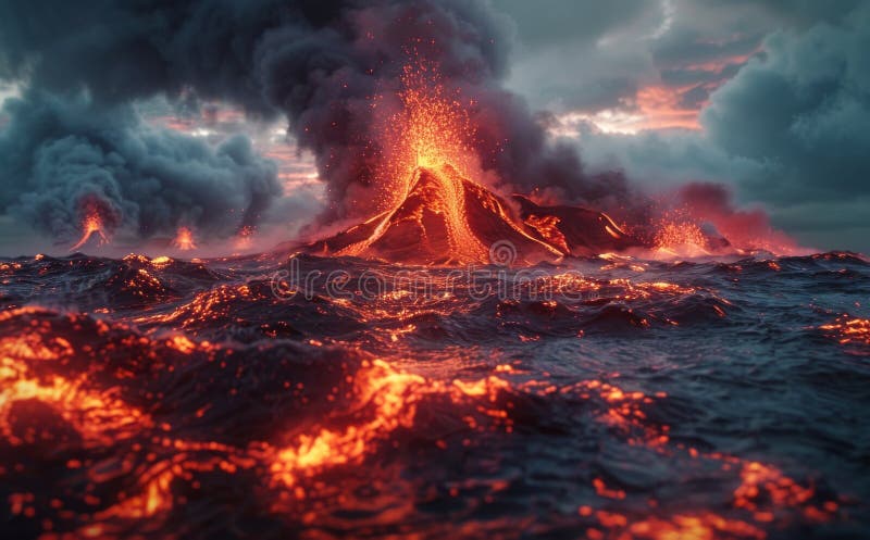 Erupting Volcanoes in the Ocean during a Dramatic Sunset Stock Image ...