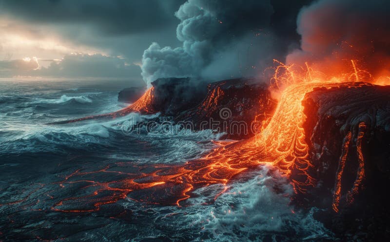 Erupting Volcanoes in the Ocean during a Dramatic Sunset Stock Photo ...