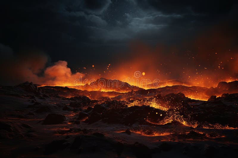 Eruption. Hot Lava Flows Down the Surface of the Volcano. Generated by ...