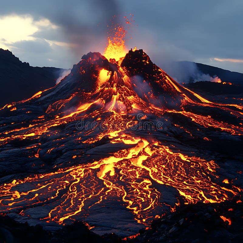 Eruption Molten Lava Flowing Down a Volcano at Sunset a Dramatic Image of Fiery Lava Streams and ...