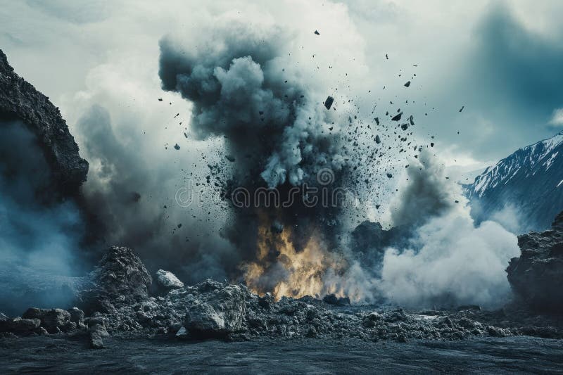 Eruption Sends Ash and Debris into the Sky Above a Volcanic Landscape ...