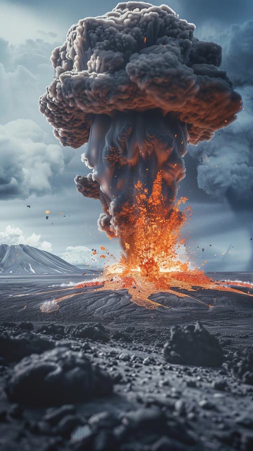 Eruption of a Volcano with Ash Cloud and Lava Explosion Under a Cloudy ...