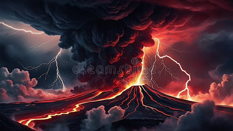 Eruption of Volcano with Lightning and Flowing Lava at Night Stock ...