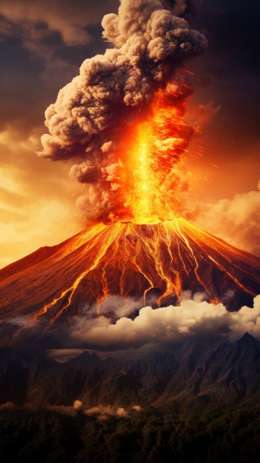 Eruption of a Volcano with Smoke. Lava Running Down the Mountain Stock ...