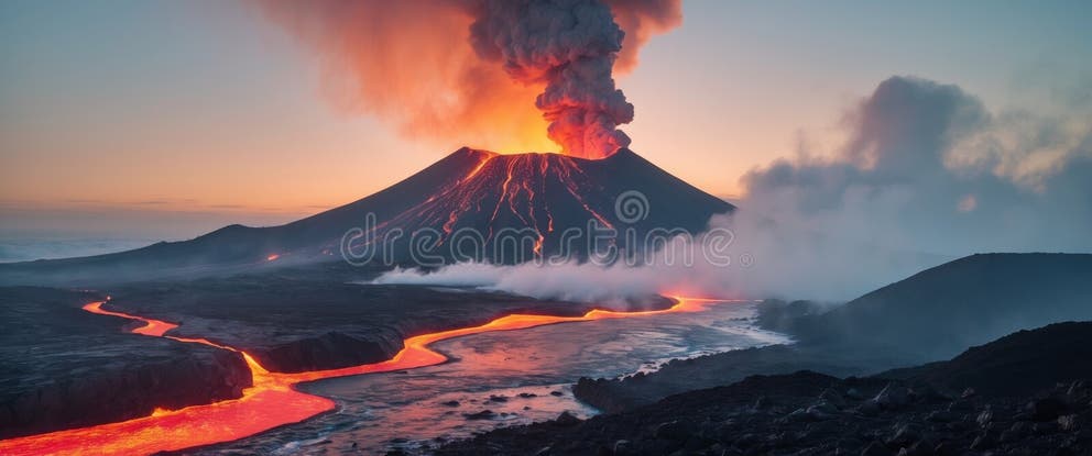 Eruption of a Volcano at Sunset Showcasing Lava Flow and Ash Clouds in ...