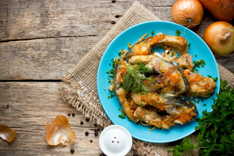 Dinner with Marinated Fish, Onion and Orange Stock Photo - Image of ...