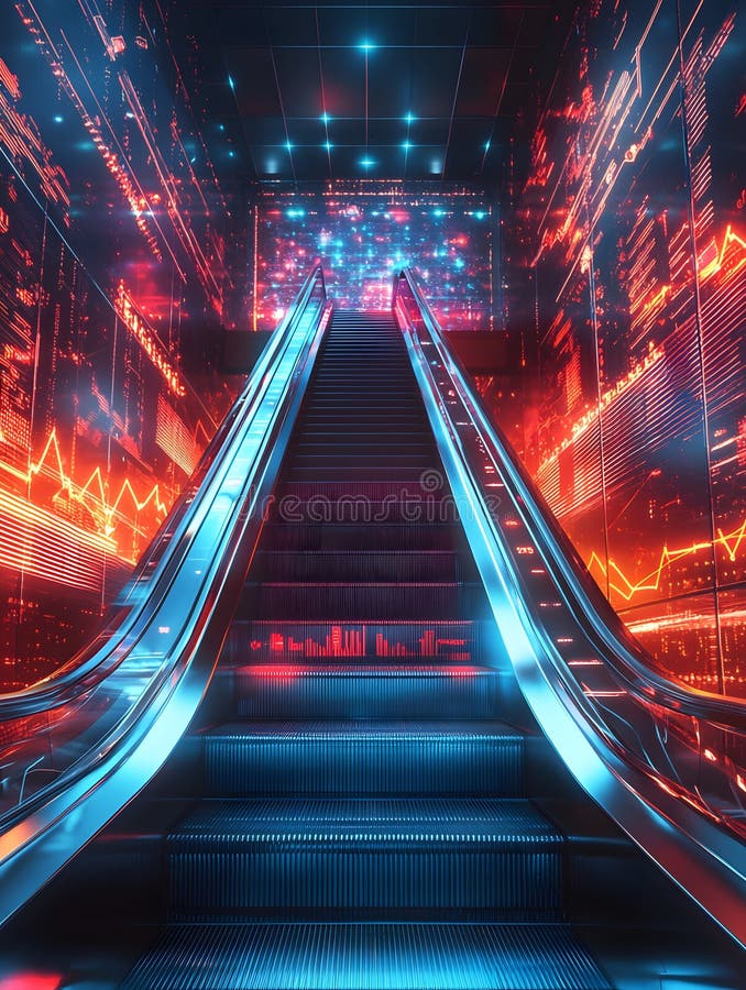 Upward Escalator with Futuristic Digital Graphics in a Business Setting ...
