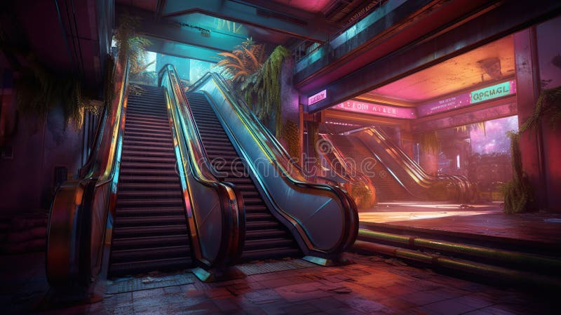 Escalator at the Bottom of a Set of Stairs, in an Abandoned Theme Park ...