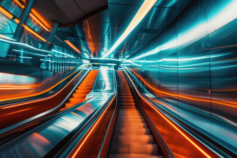 Escalator in a Busy Subway Station at Night with People Moving Up and ...