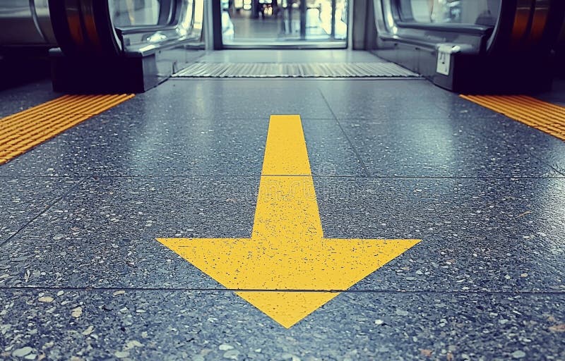 Escalator Exit with Yellow Arrow on Floor, Direction, Guidance Stock ...