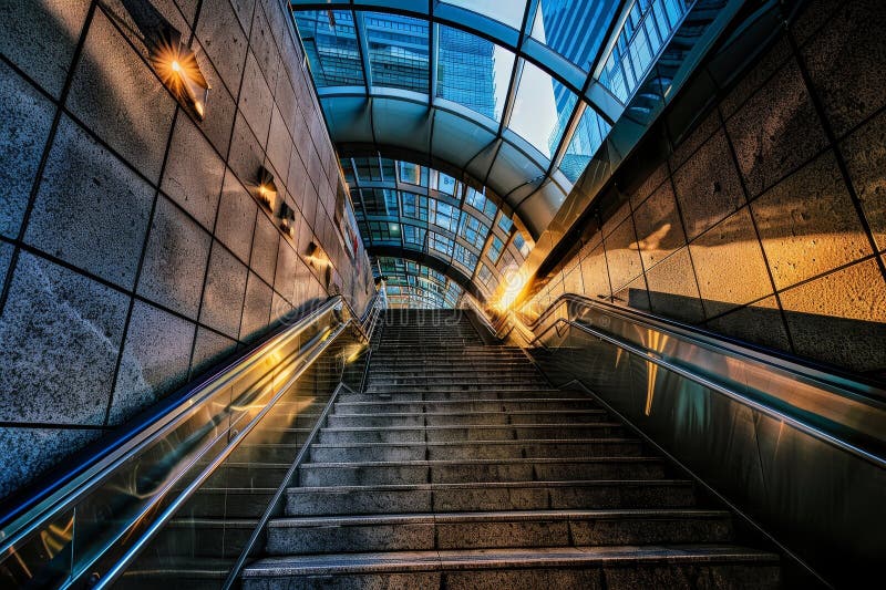 An Escalator Illuminated in the Darkness, Ascending Towards a Building ...