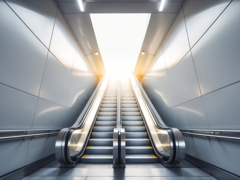 Escalator Leading Upward in a Modern Subway Station Illuminated by ...
