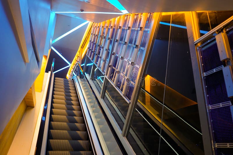 Escalator with LED Light beside in Technology Abstract Neon Colorful ...