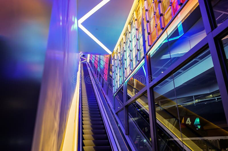 Escalator with LED Light beside in Technology Abstract Neon Colorful ...