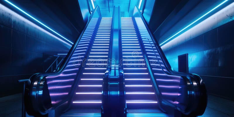 The Escalator is Lit Up in Blue and Purple Stock Image - Image of ...