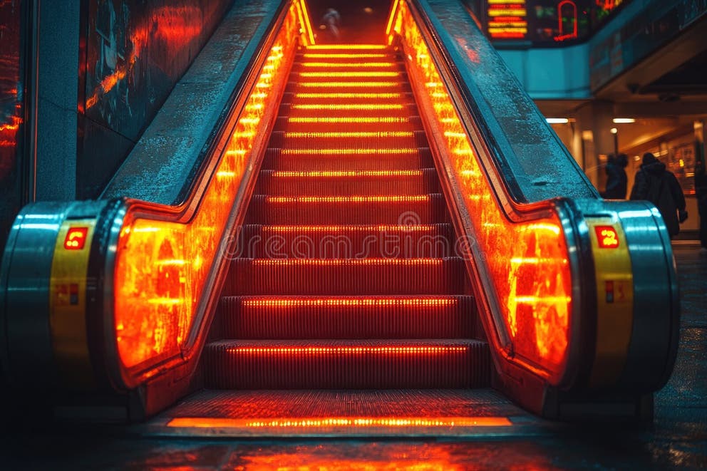 An Escalator Lit Up with Bright Red Lights Stock Image - Image of ...