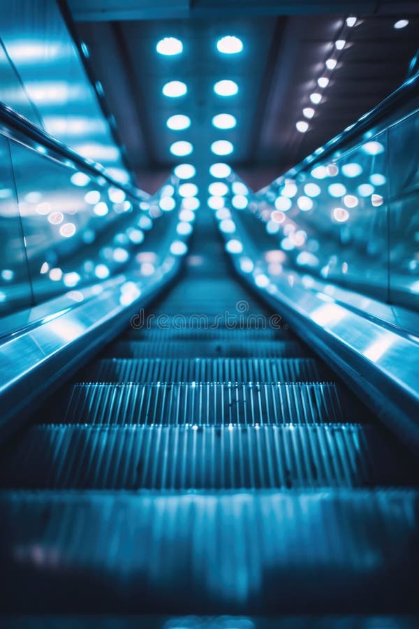 An Escalator Moving Up through a Brightly Lit Building, with Blue ...