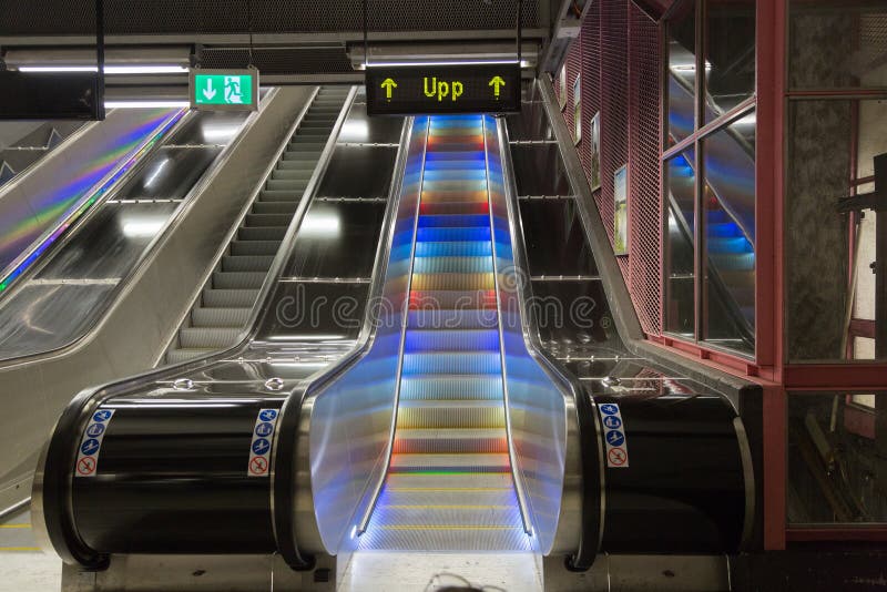 Escalator with Multicolored Backlighting Stock Image - Image of ...