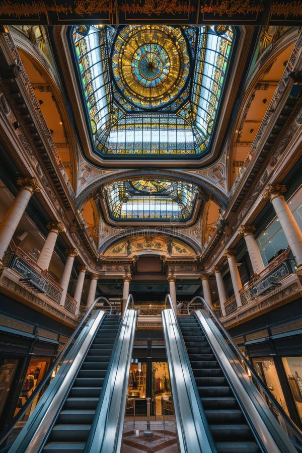 Escalator with Stained Glass Ceiling Stock Photo - Image of modern ...