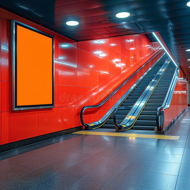 An Escalator in a Subway Station with a Orange Screen Displaying ...