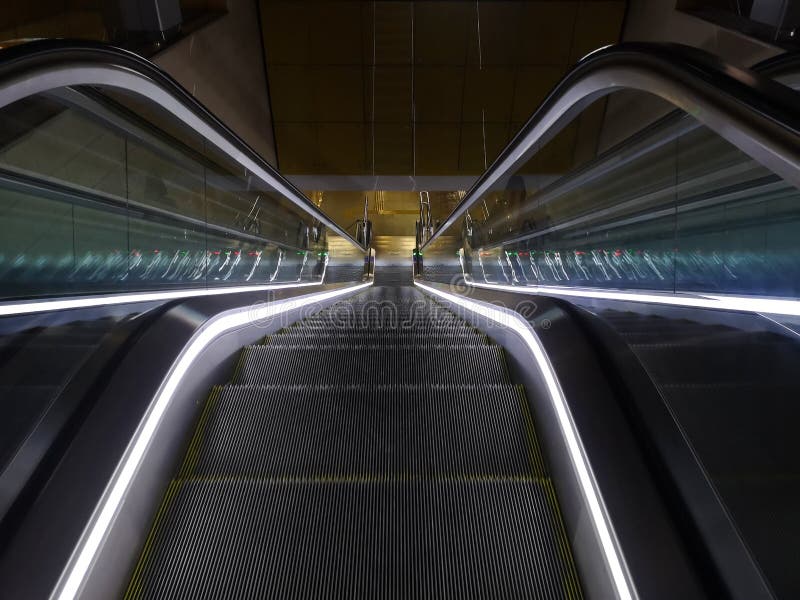 Escalator in Underground Metro Station with LED Illumination on the ...